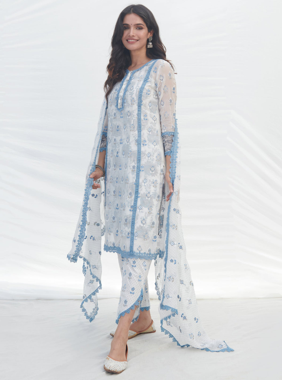 Mulmul Organza Terra Blue Kurta With Mulmul Cotton Terra Blue Pant