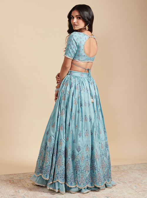 Mulmul Silk Bahaara Blue Lehenga