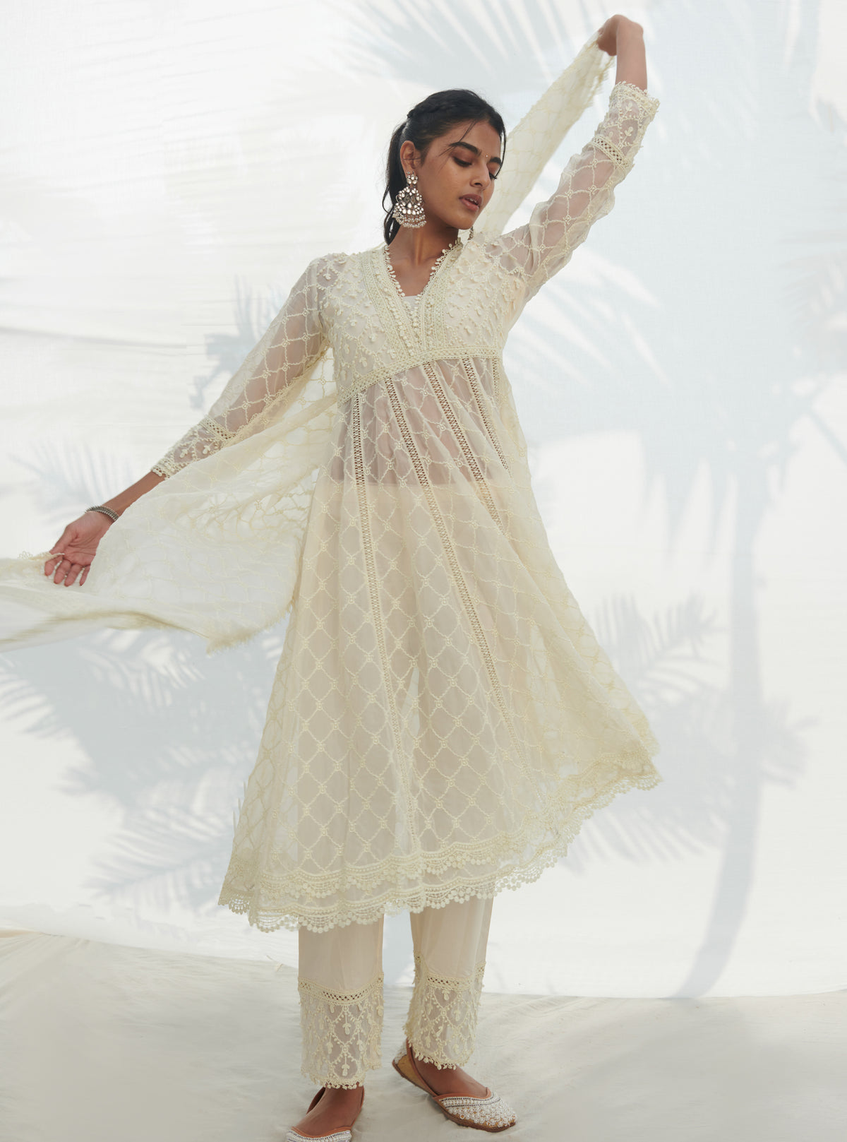 Mulmul Organza Anarkali Dori White Kurta With Mulmul Cotton Dori White