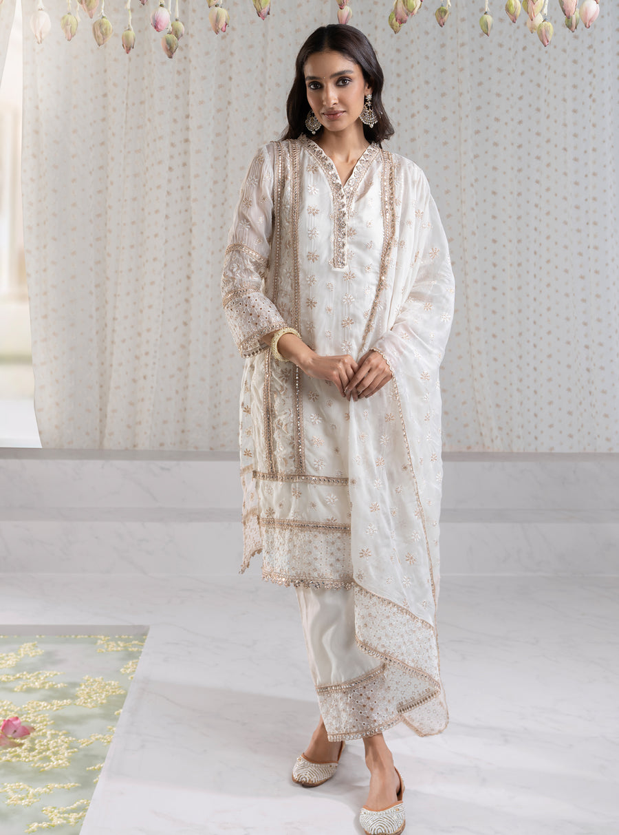 Mulmul Organza Ilahi Off White Kurta With Mulmul Pima Ilahi Off White