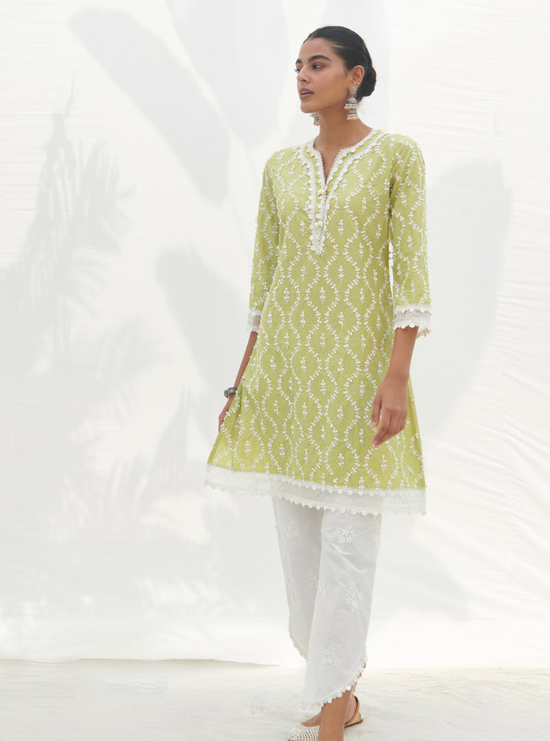 Mulmul Cotton Maneri Lime kurta