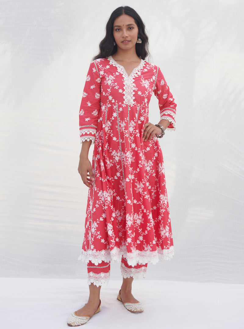 Mulmul Cotton Palolem Anarkali Red Kurta With Mulmul Cotton Palolem Re