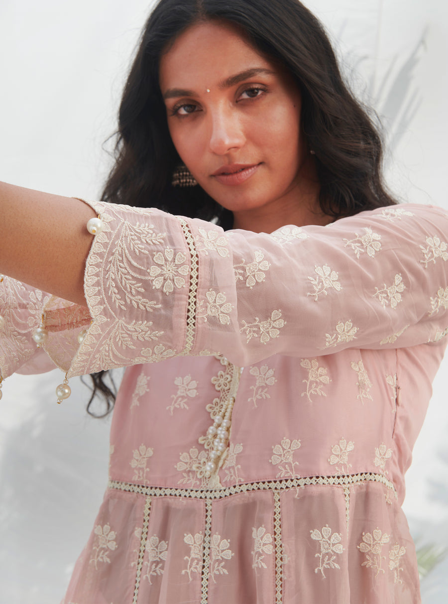 Mulmul Organza Anarkali Surla Pink Kurta With Mulmul Cotton Surla Pink