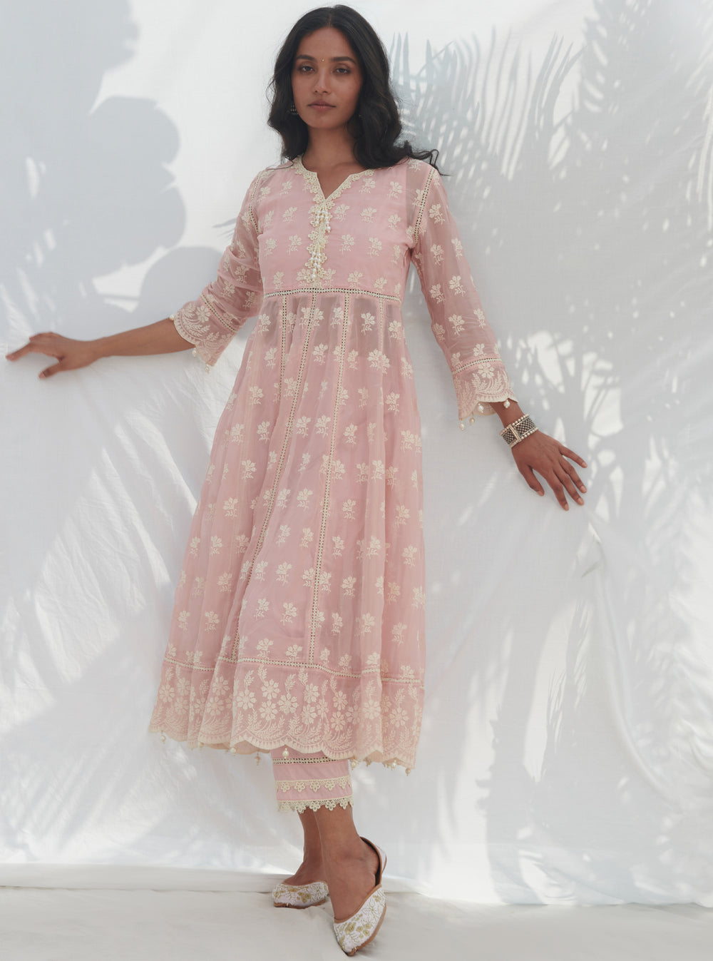 Mulmul Organza Anarkali Surla Pink Kurta With Mulmul Cotton Surla Pink