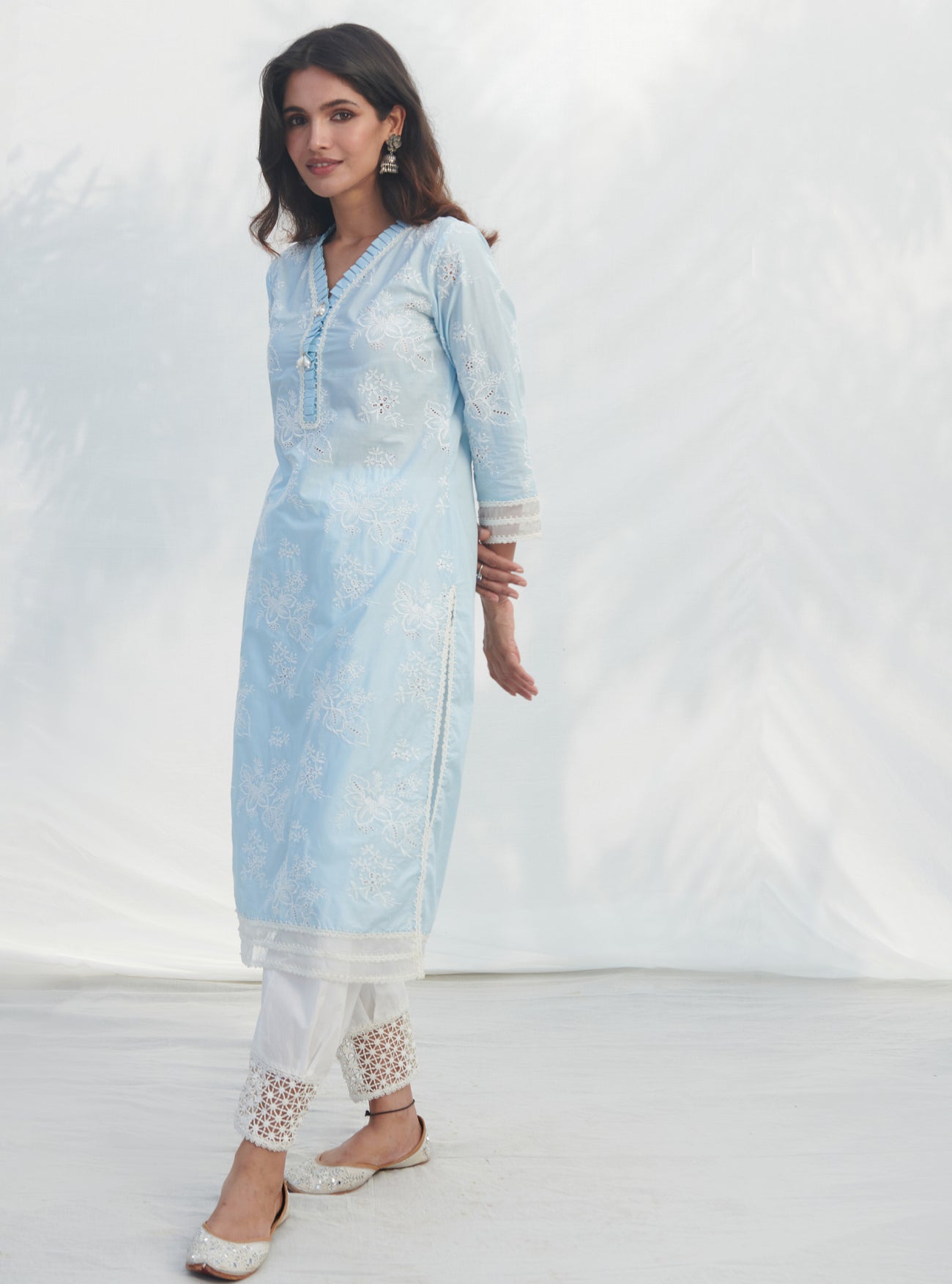 Mulmul Cotton Verlem Blue Kurta With Mulmul Cotton Chemical Lace White