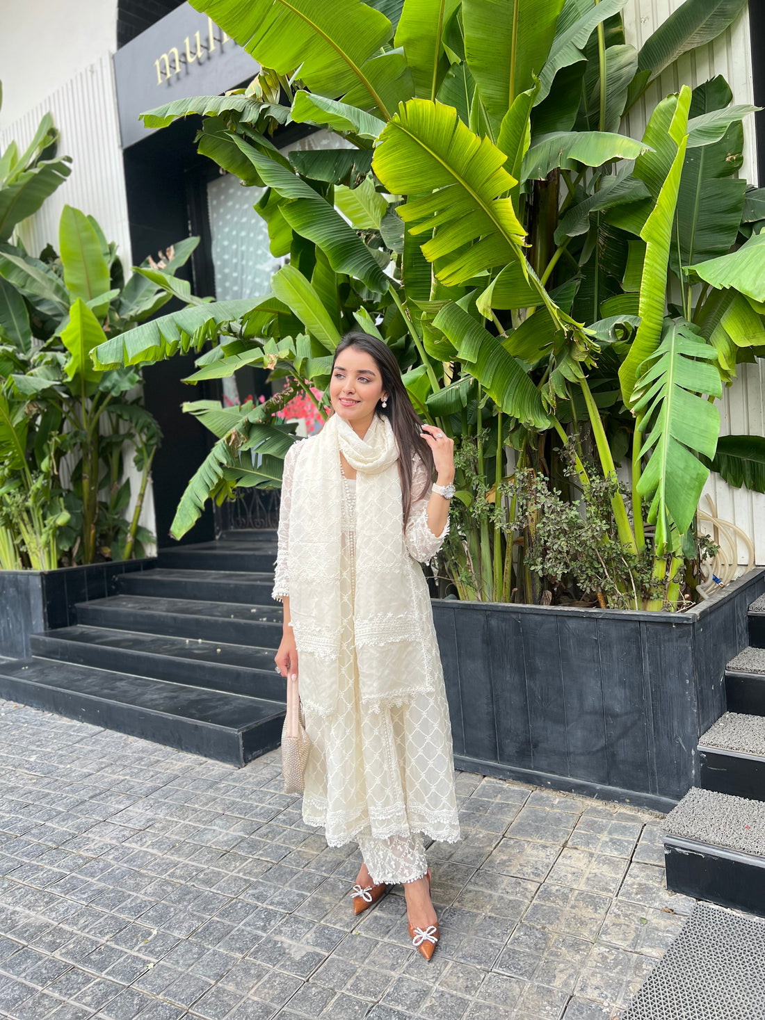 Mulmul Organza Anarkali Dori White Kurta With Mulmul Cotton Dori White
